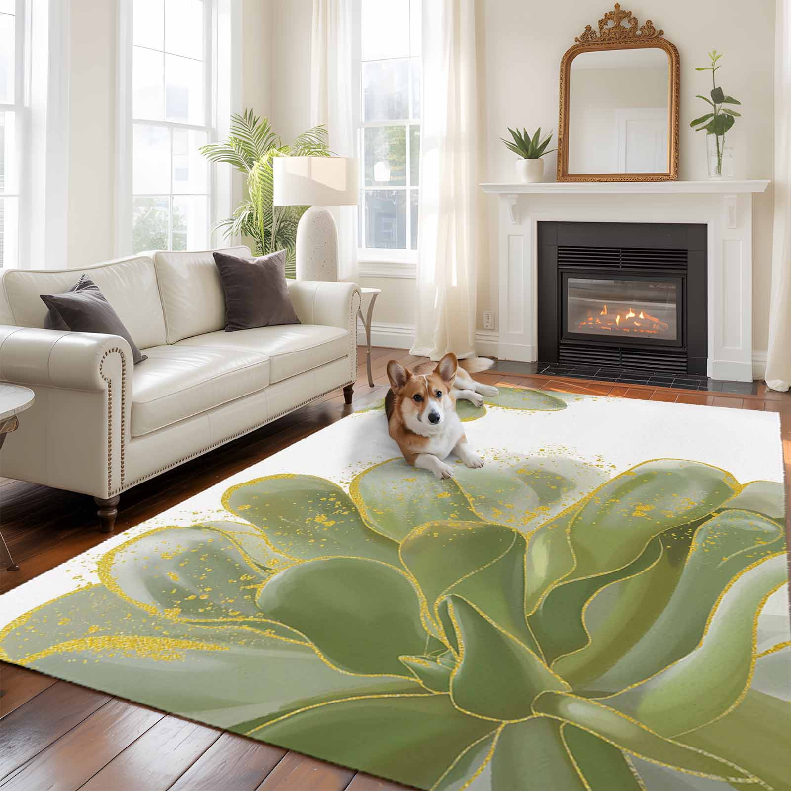 Grass Green Gold Flower Large Area Rugs 5x8 ft Green Gradient Vintage ...