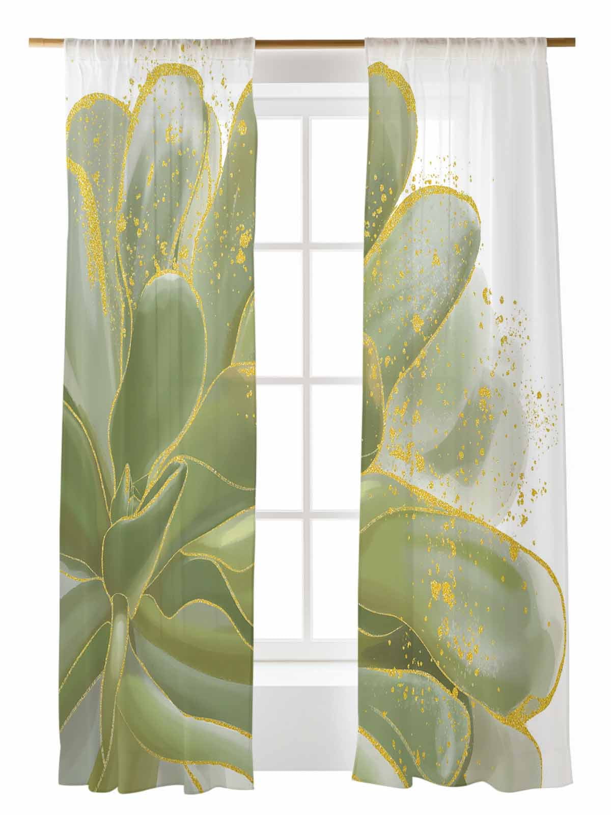 Grass Green Gold Flower Sheer Curtains 2 Panels Set Green Gradient ...