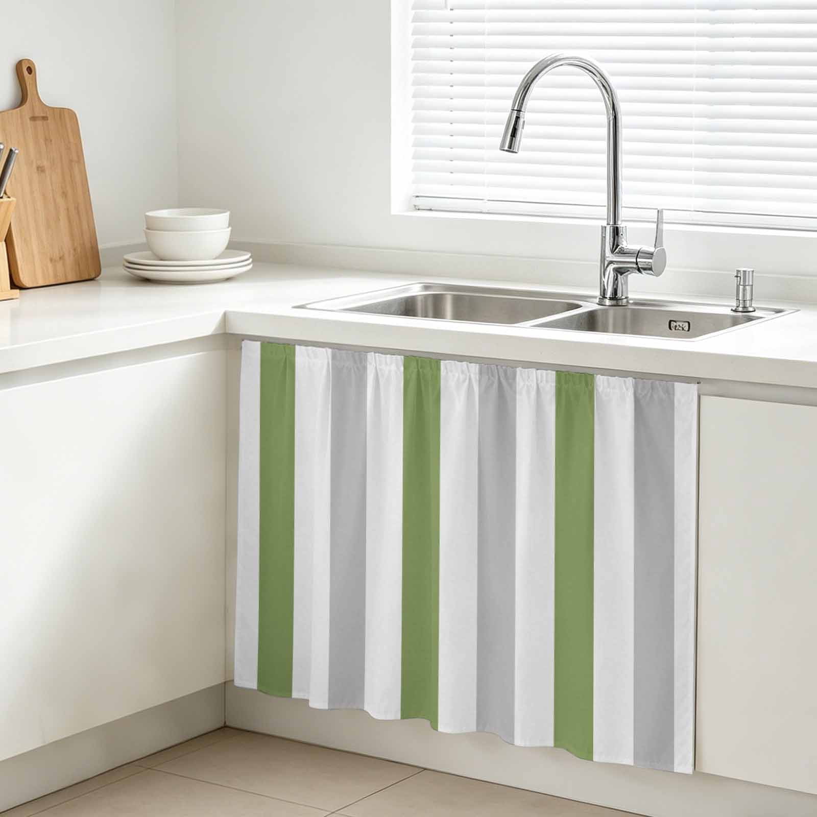 Grass Green Grey Stripe Cabinet Curtain, Classic Modern Sink Skirt for ...