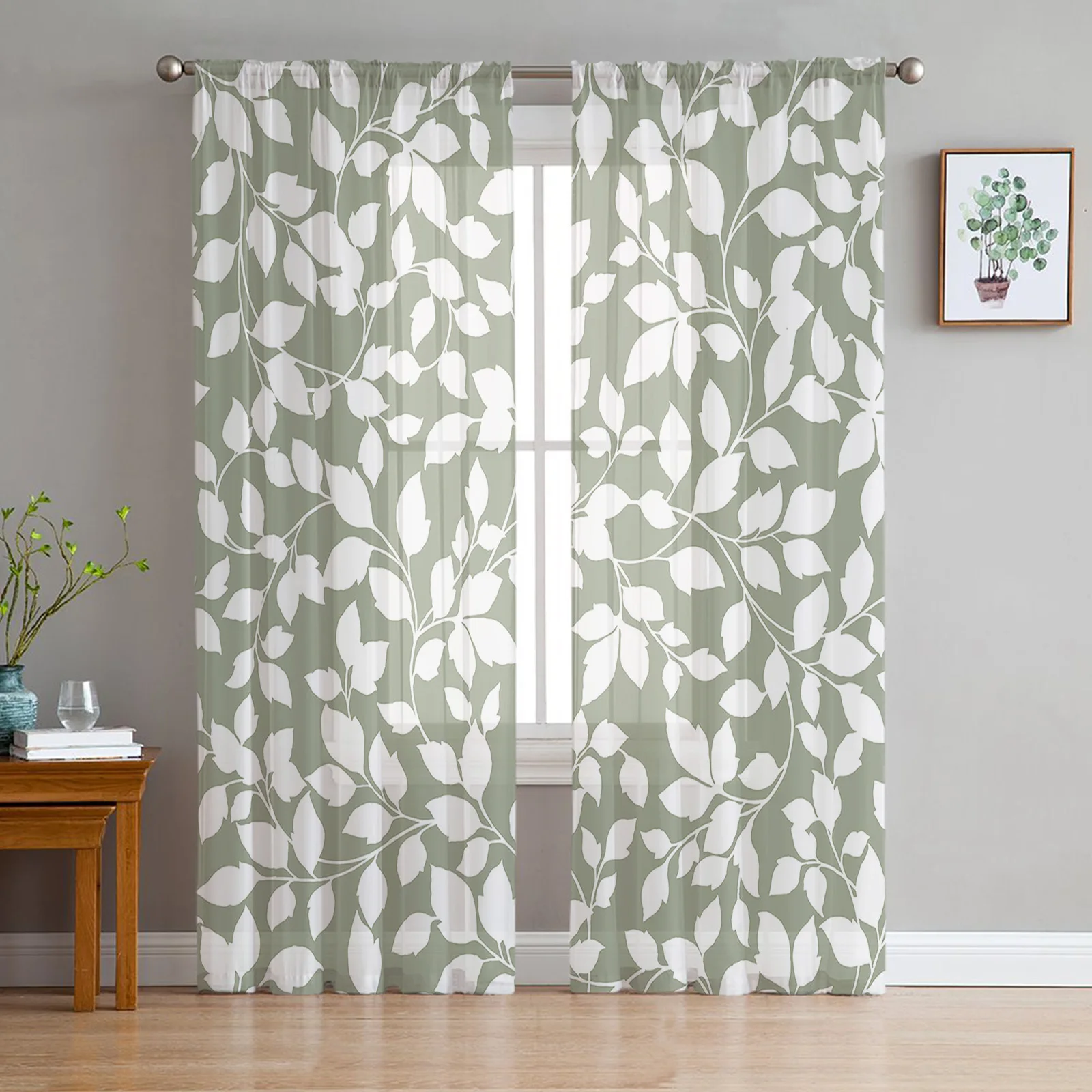 Grass Green Leaf Vine Texture Sheer Curtains for Living Room ration ...
