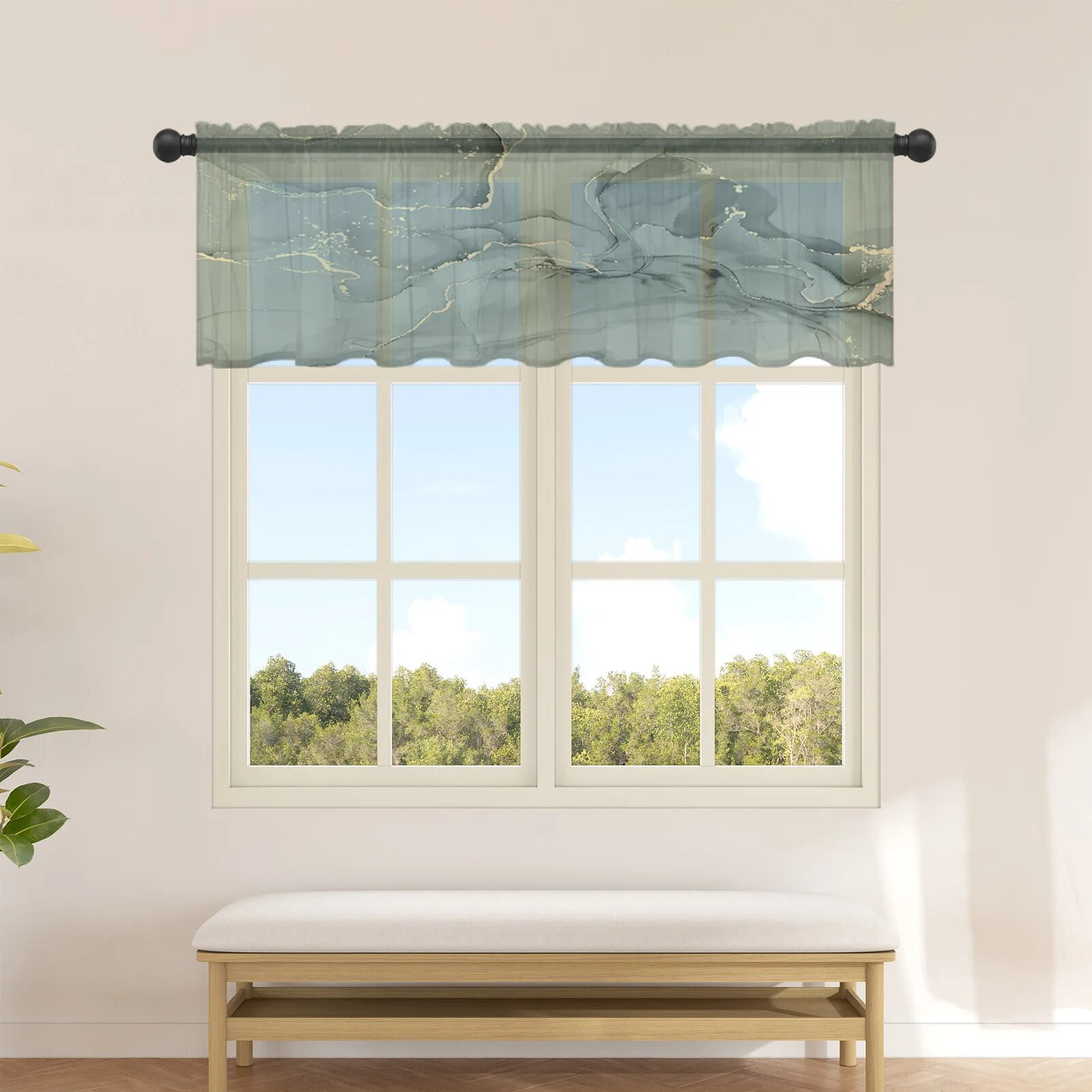 Grass Green Marble Short Tulle Curtains for Kitchen Cafe Sheer Voile ...