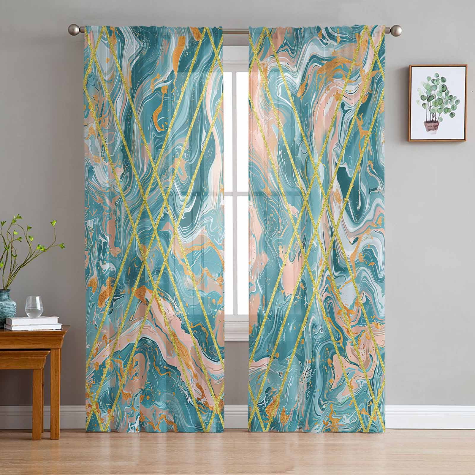 Grass Green Marble Tulle Curtains for Living Room Sheer Curtain for ...