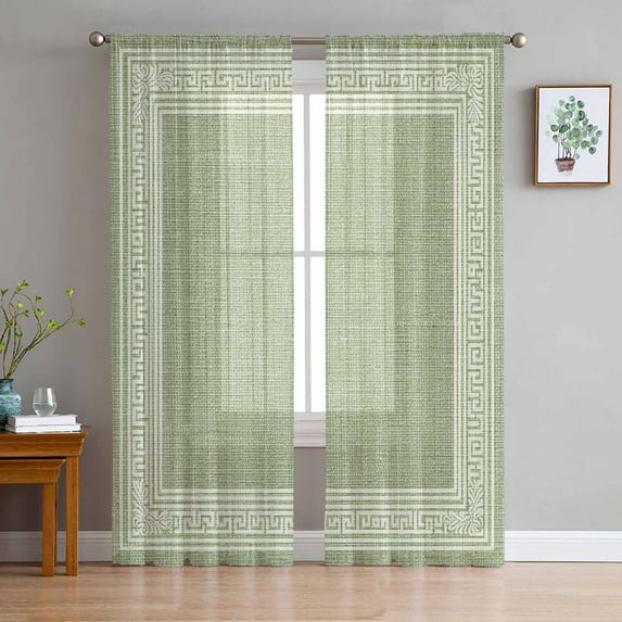 Grass Green Retro Greek Key Sheer Curtains 96 Inches Long 2 Panels Set ...