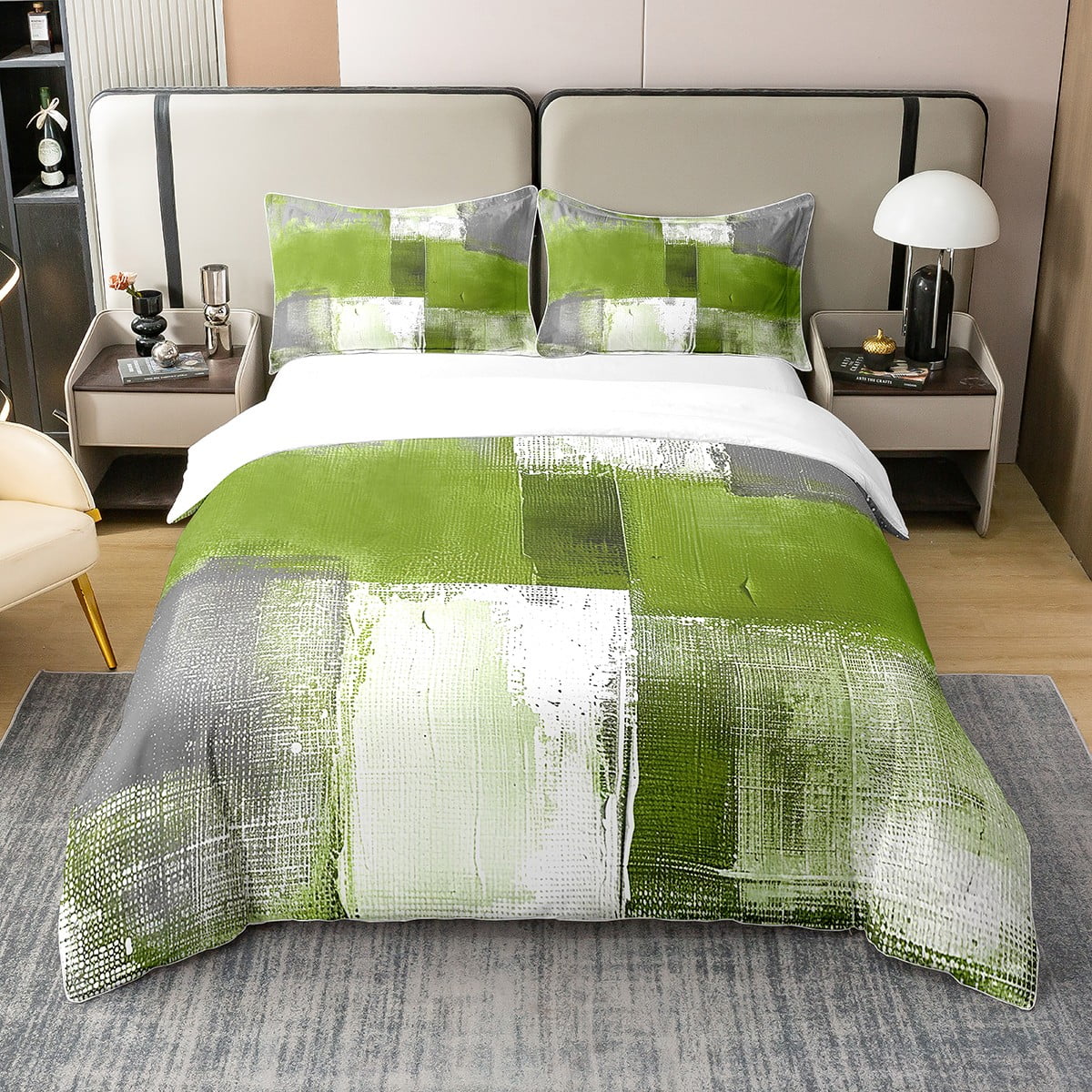 Grass Green White Gray 100% Cotton Duvet Cover Full Abstract Bedding ...
