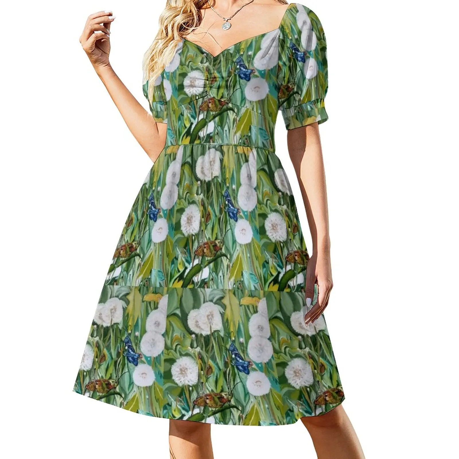 Grasshoppers and Dandelions (Oil Painting) Sleeveless Dress evening ...
