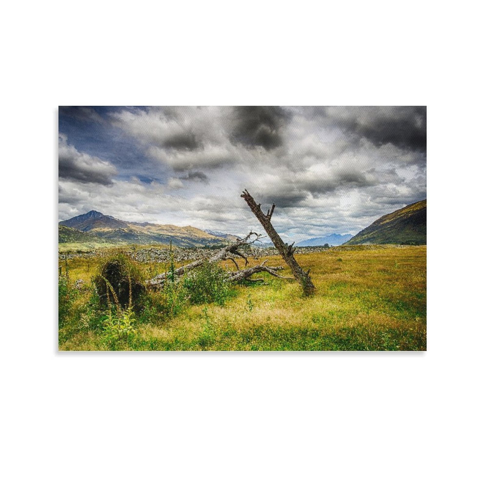Grassland Dead Trees Distant Mountain Natural Landscape Canvas Art ...