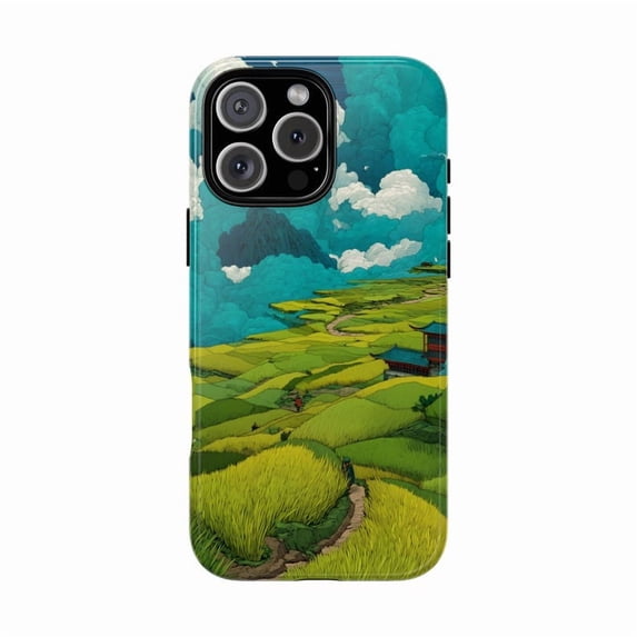 Grassy Field iPhone Case Teal Clouds Minimalist Landscape for iPhone 17 ...