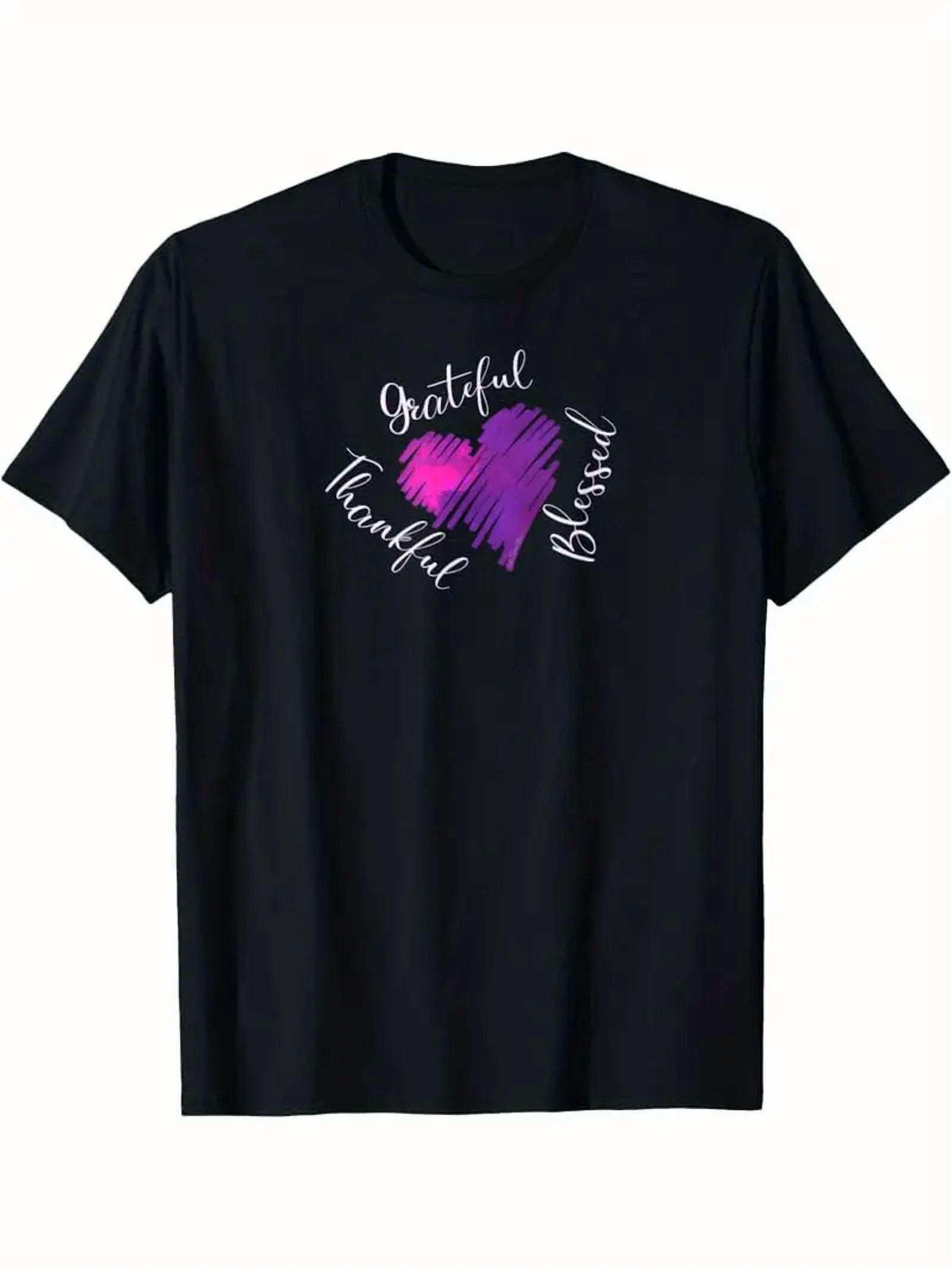Grateful Thankful Blessed Heart Design T-Shirt - Black with Purple ...