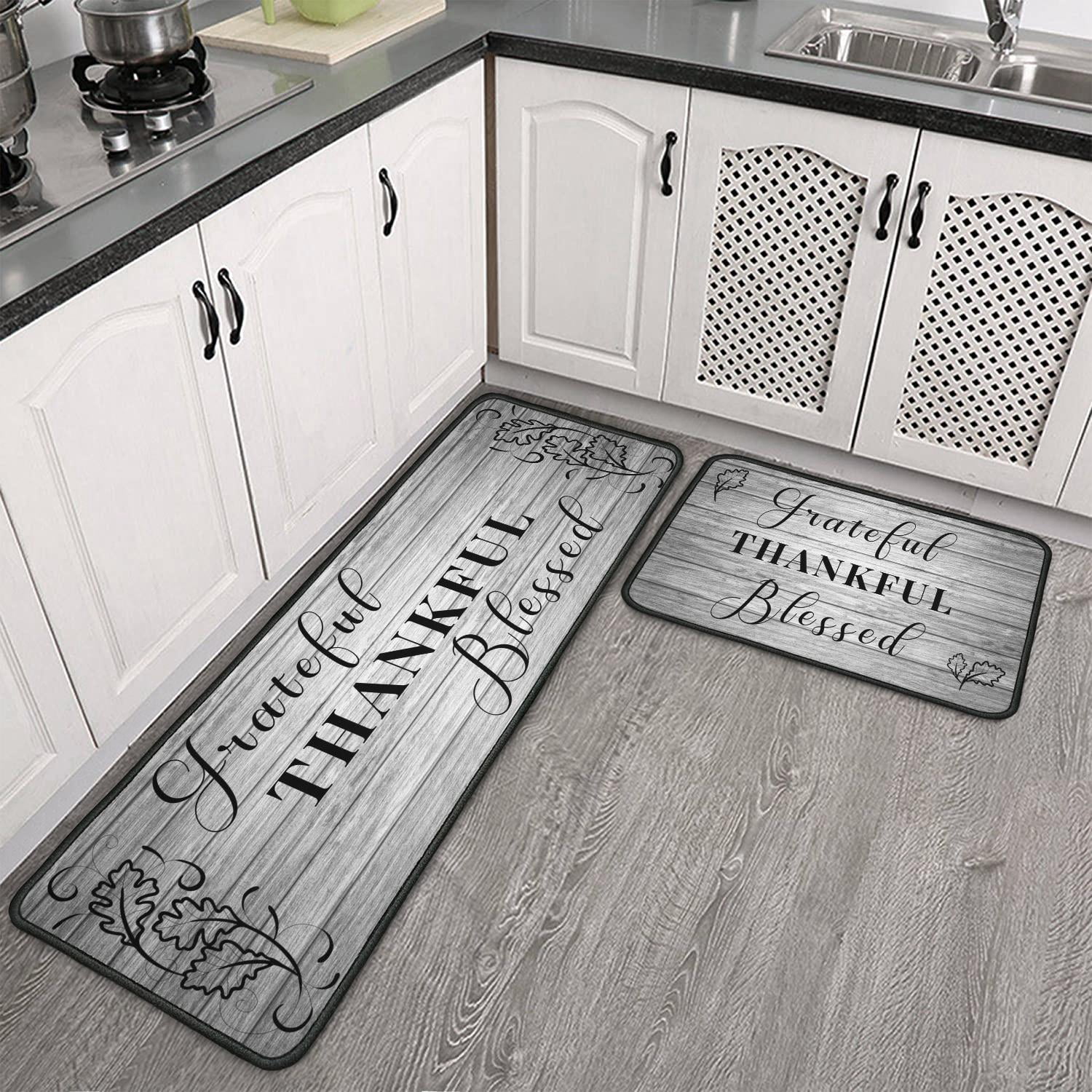 Grateful Thankful Blessed Kitchen Rug Set Of 2 - Grey Non-Slip Cushioned Comfort Mats for ...