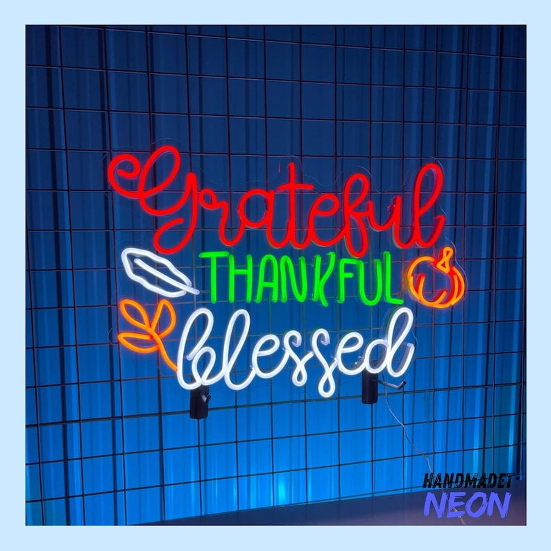 Grateful Thankful Blessed Neon Sign, Autumn Led Sign,Thanksgiving Neon ...