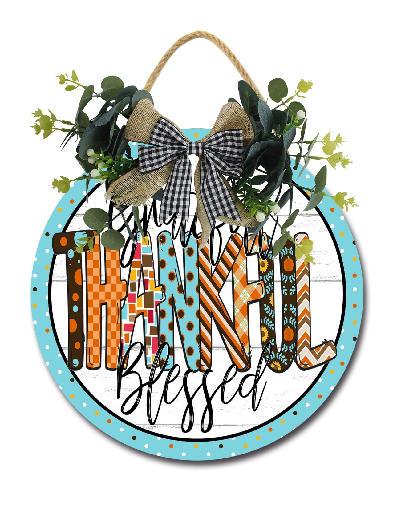 Grateful Thankful Blessed Wooden Front Door Sign Rustic Round Wreath ...