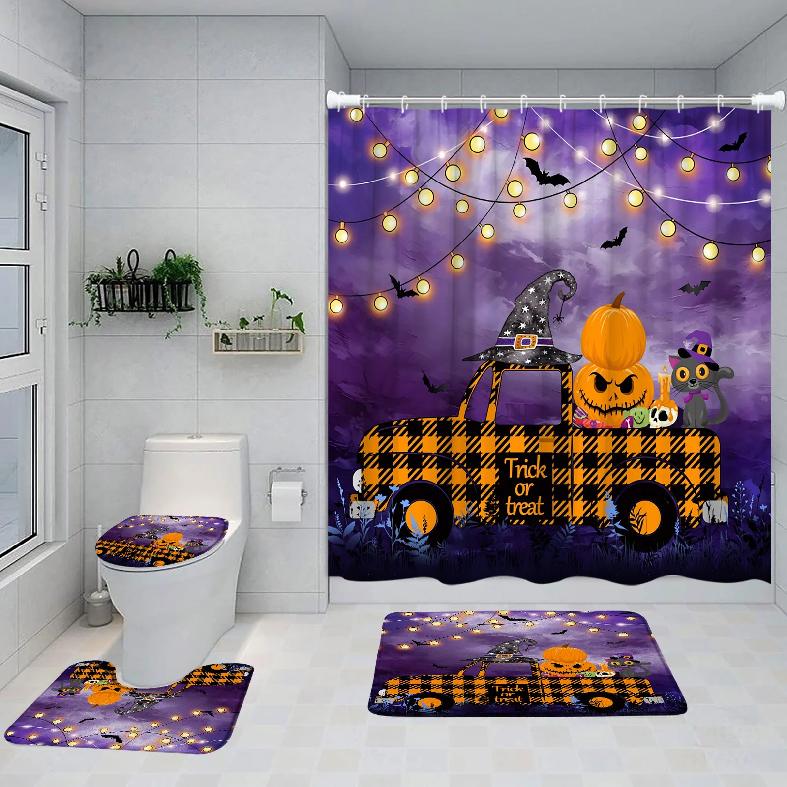 Graveyard Halloween Shower Curtain Set Black Cat Full Moon Night Flying ...
