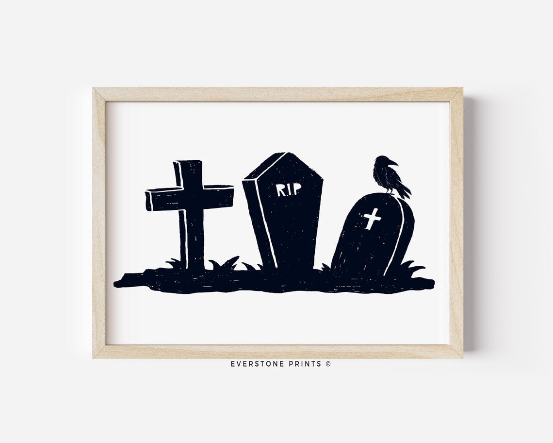 Graveyard Print, Happy Art, Spooky Art, Wall Art, Modern Wall Decor ...