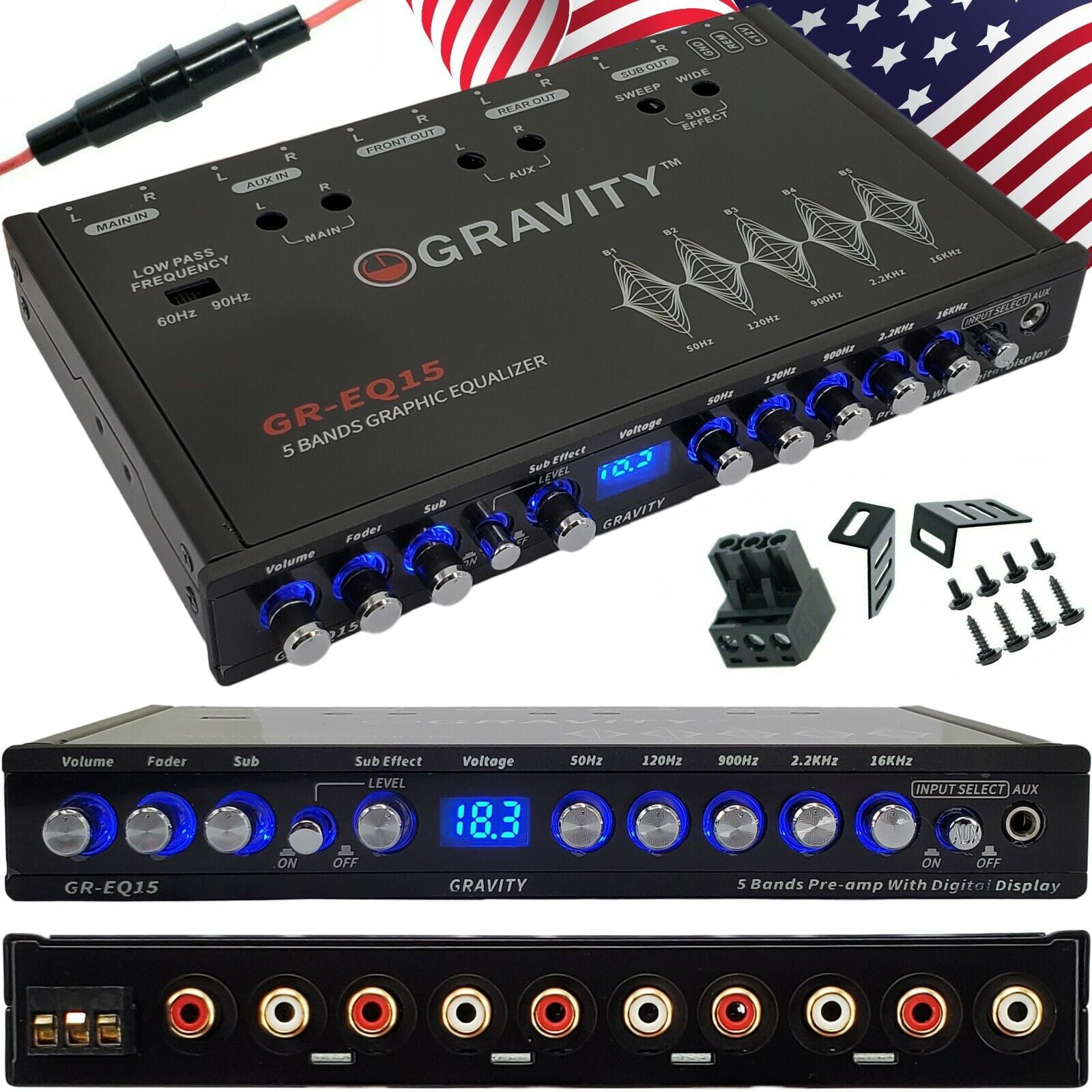 ADW Bundle Gravity EQ15 Car Audio Equalizer, 1/2 Din, 5 Band, Front ...