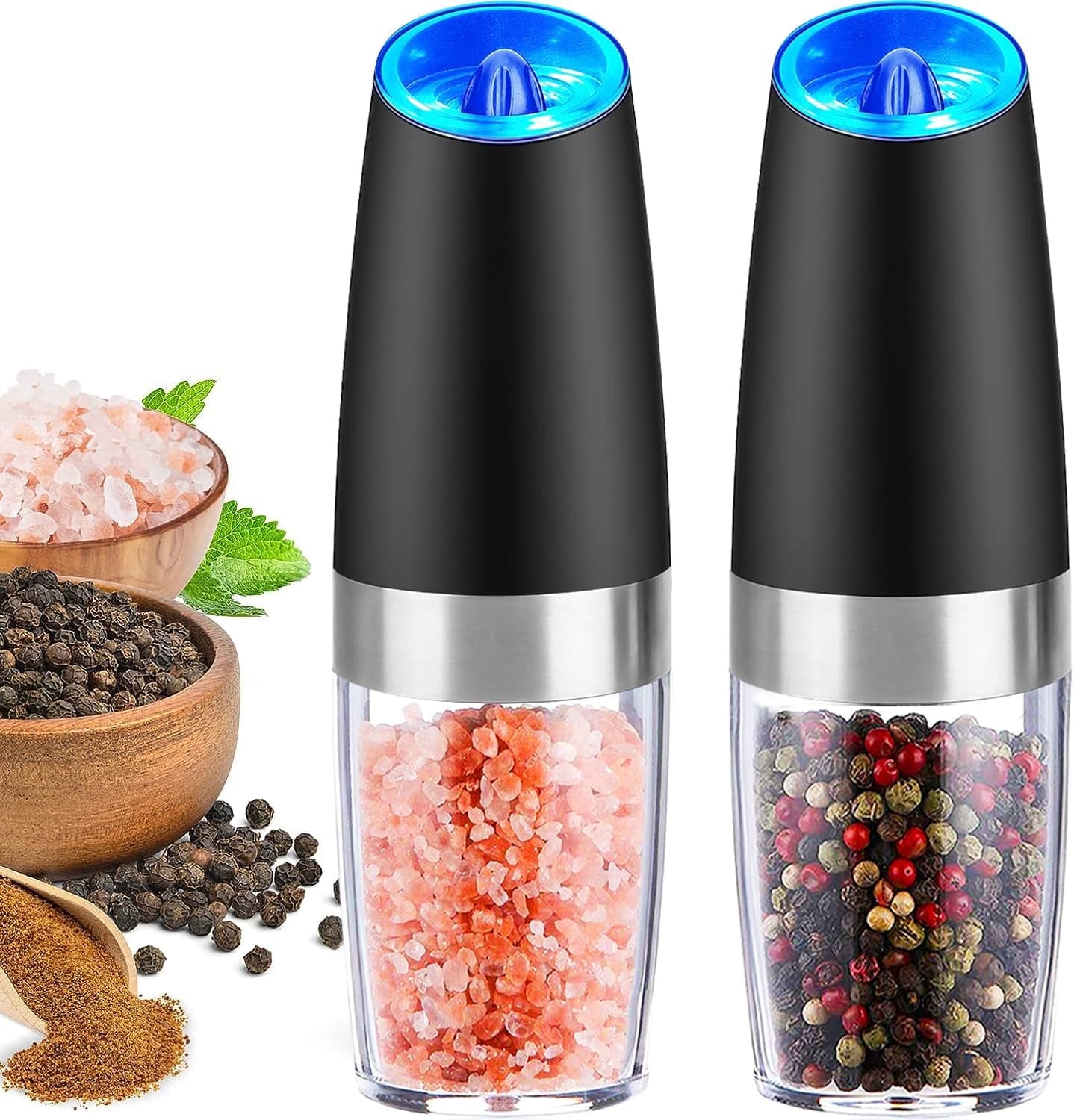 Gravity Electric Pepper and Salt Grinder Set, Adjustable Coarseness, Battery Powered with LED ...