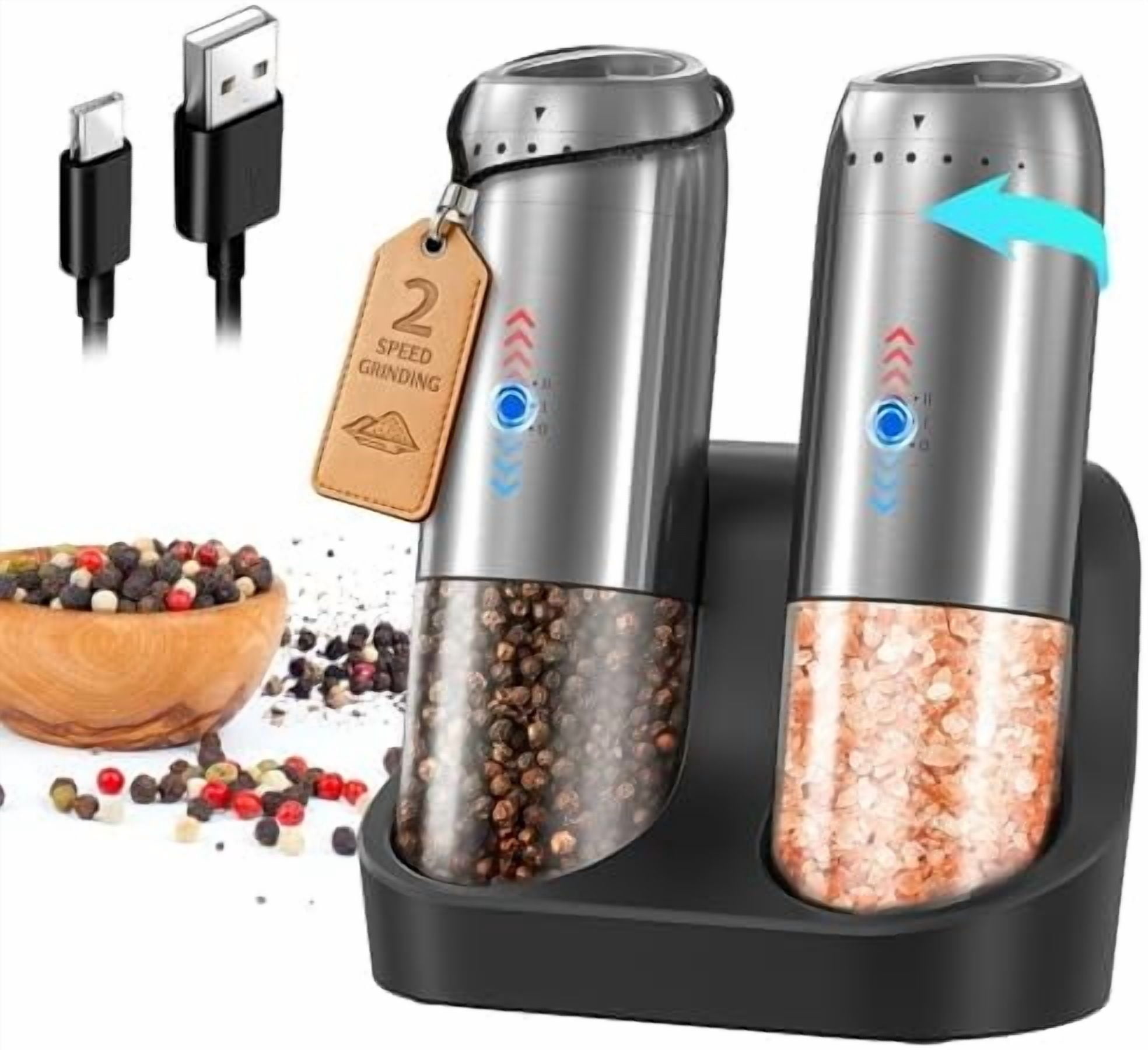 Gravity Electric Salt and Pepper Grinder Set with Rechargeable Base, 2 ...