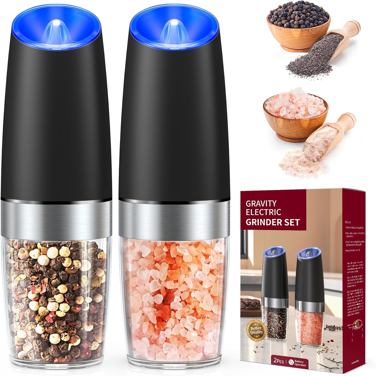 Gravity Electric Salt and Pepper Grinder Set, Stainless Steel Larger ...