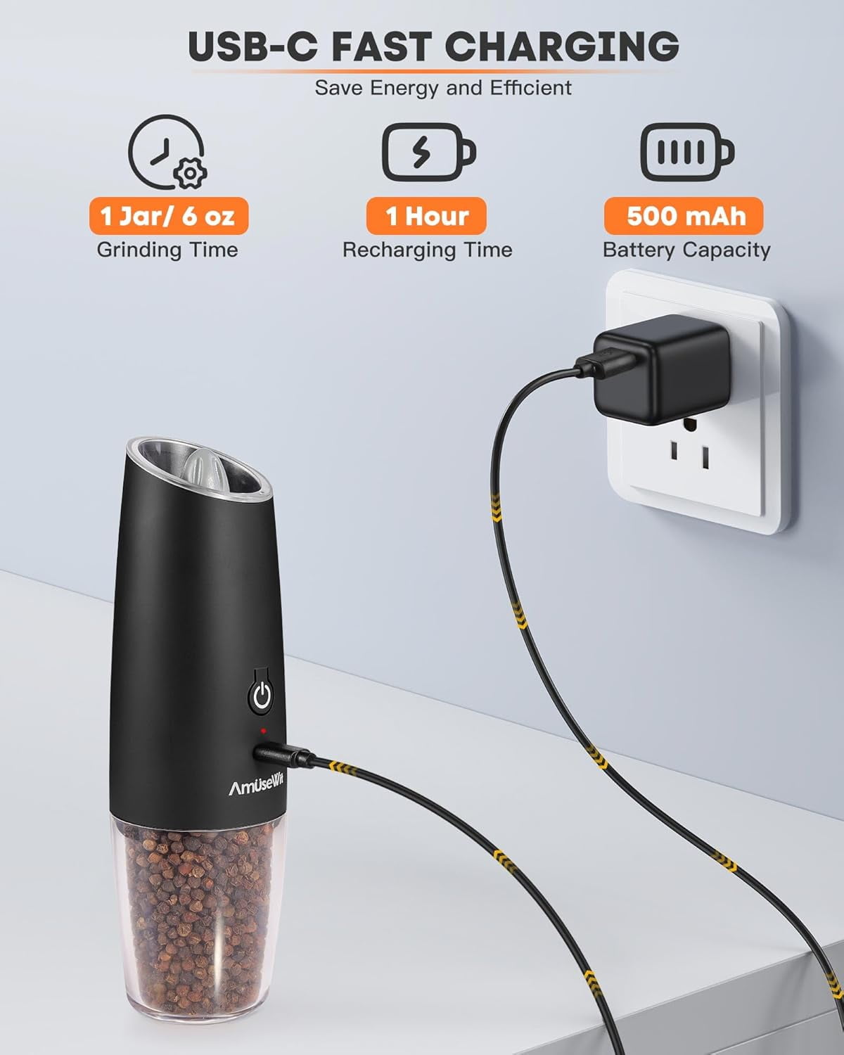 Gravity Electric Salt and Pepper Grinder Set [White Light] USB ...