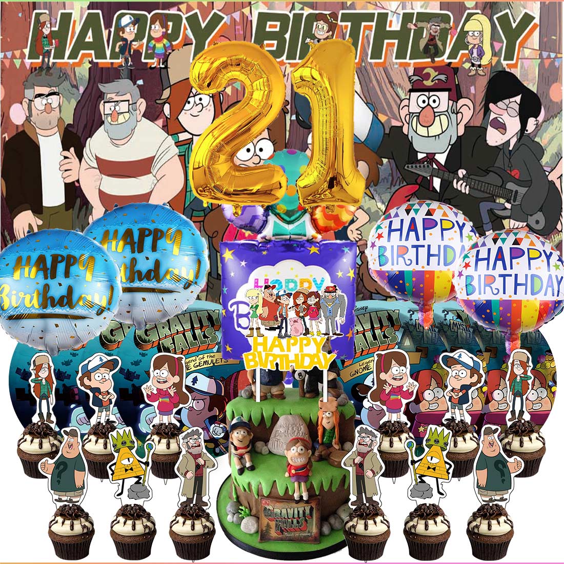 Gravity Falls 21th Tableware Balloons Cake Toppers Backdrop Banner ...