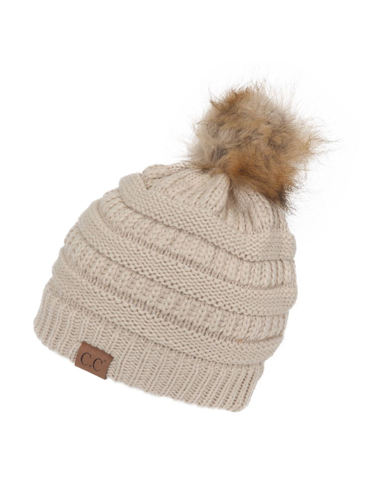 Gravity Threads Cable Knit Faux Fur Pom Pom Beanie Hat, Beige - Walmart.com