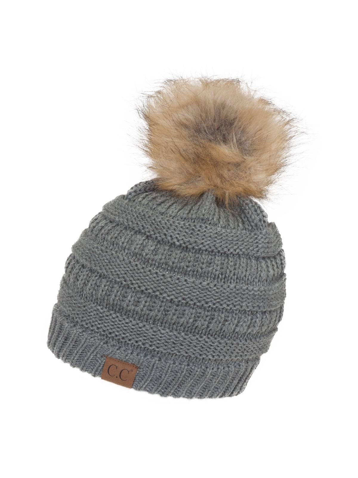 Gravity Threads Cable Knit Faux Fur Pom Pom Beanie Hat, Light Melange ...