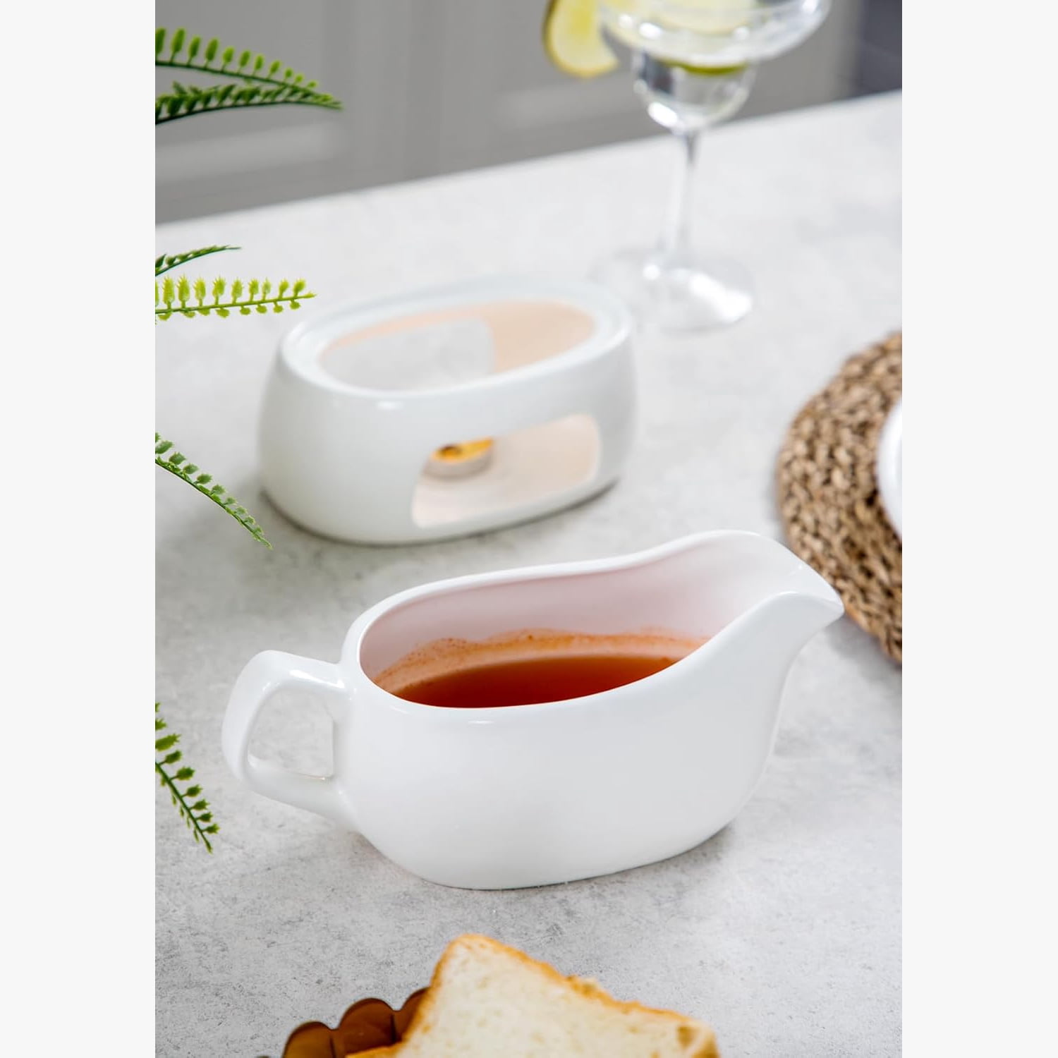 Gravy Boat with Warmer, White Fine Porcelain Saucier with Dripless Lip ...