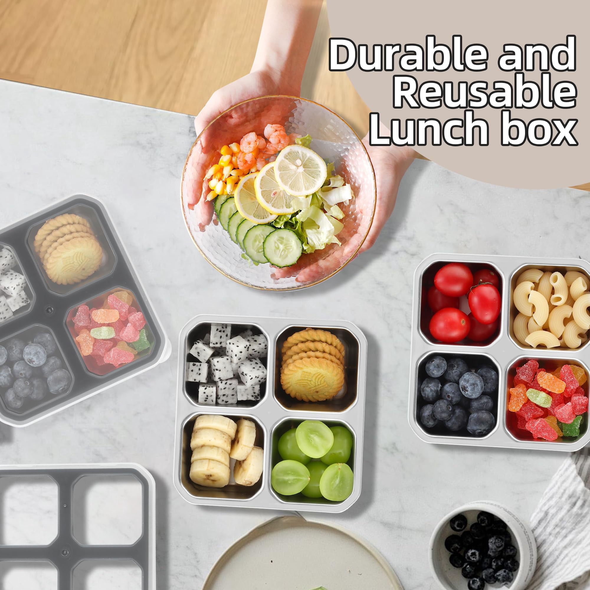 Gray 2 Stainless Steel 4-Compartment Bento Box Meal Prep & Travel Snack ...