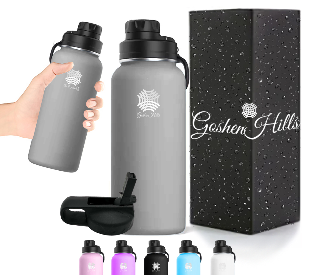 Gray 32oz Stainless Steel Sports Water Bottle with sprout lid and straw ...
