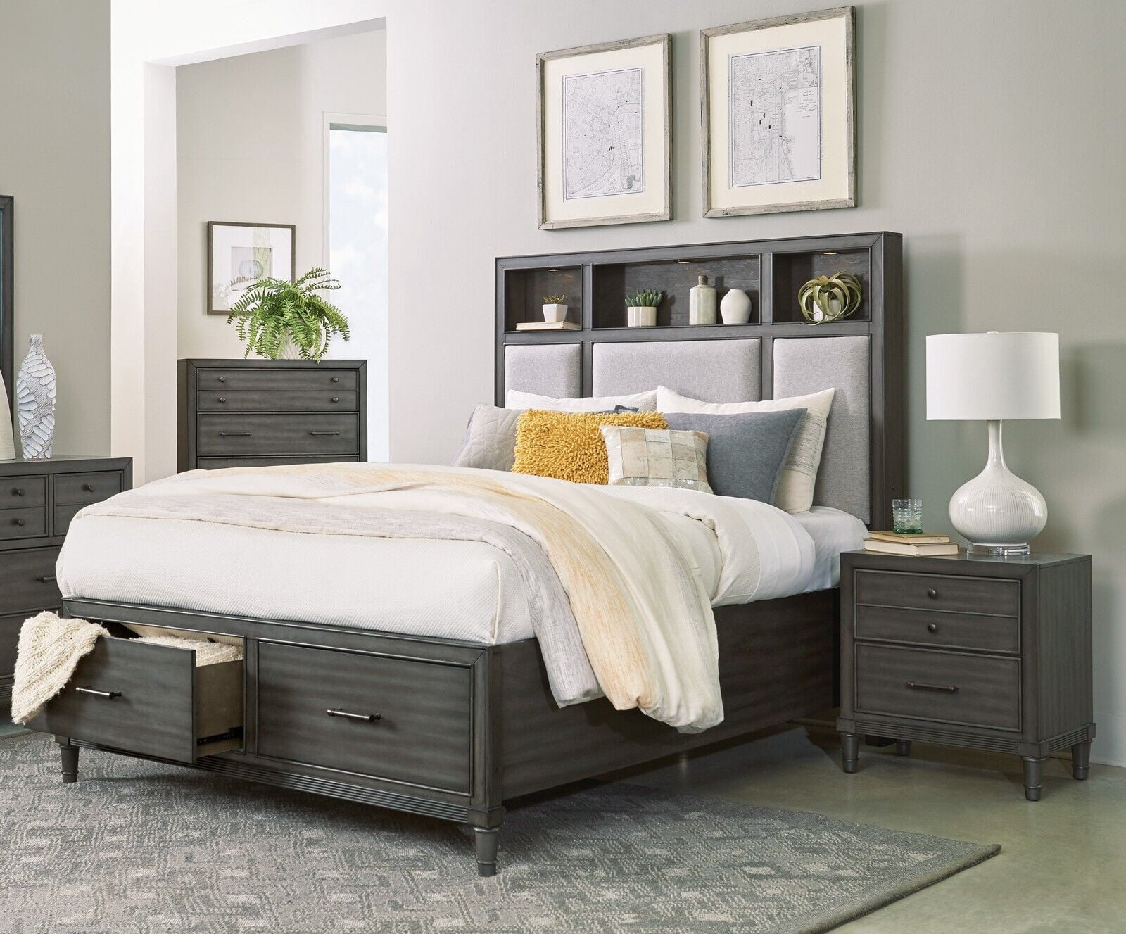 Gray 3pc Bedroom Set Drawer Shelf LED Platform Queen Bed and Two ...