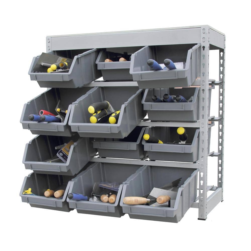 Gray 4-Tier Boltless Bin Storage Shelving System Garage Storage Rack ...
