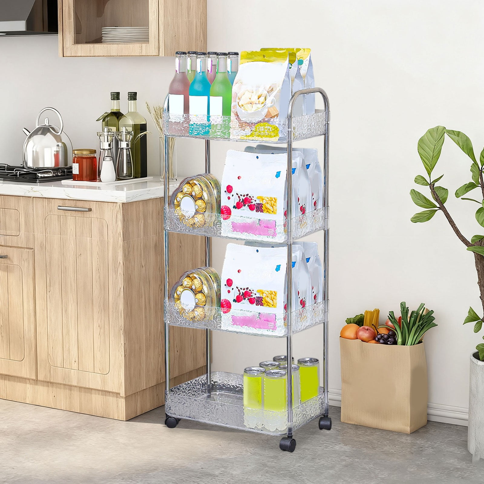 Gray 4-Tier Movable Storage Trolley - Transparent Cabinet for Kitchens ...