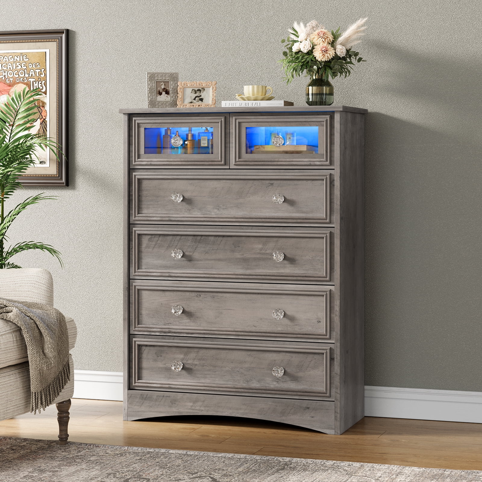 Gray 6 Drawer Dresser with Lights, Chest of Drawers for Bedroom Living ...