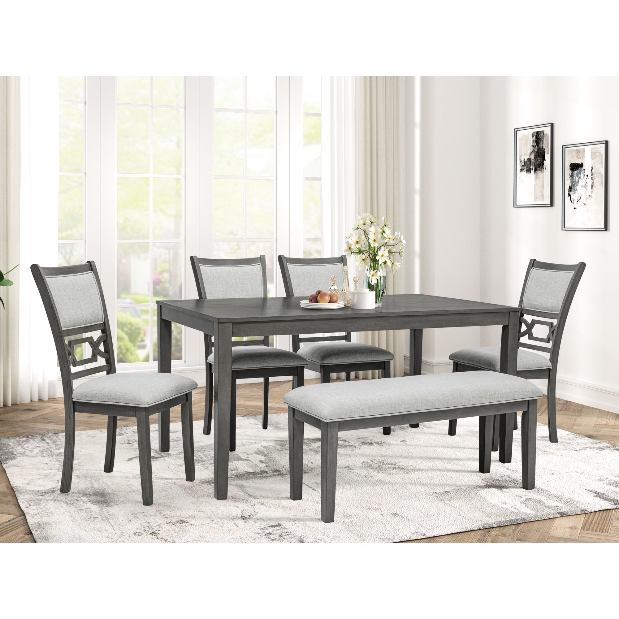 Gray 6pc Dining For 6: Rectangular Table, Bench, 4 Chairs Contemporary ...