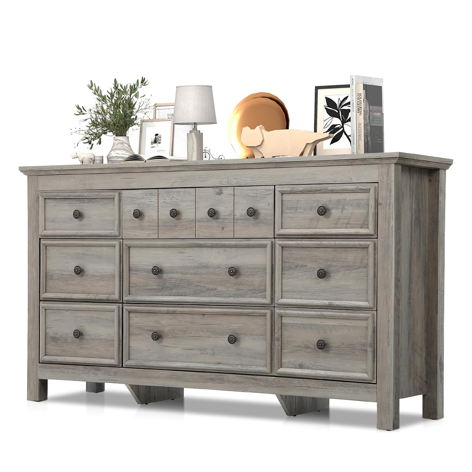 Gray 9 Drawer Horizontal Combo Dresser for Bedroom, Modern Chest of ...
