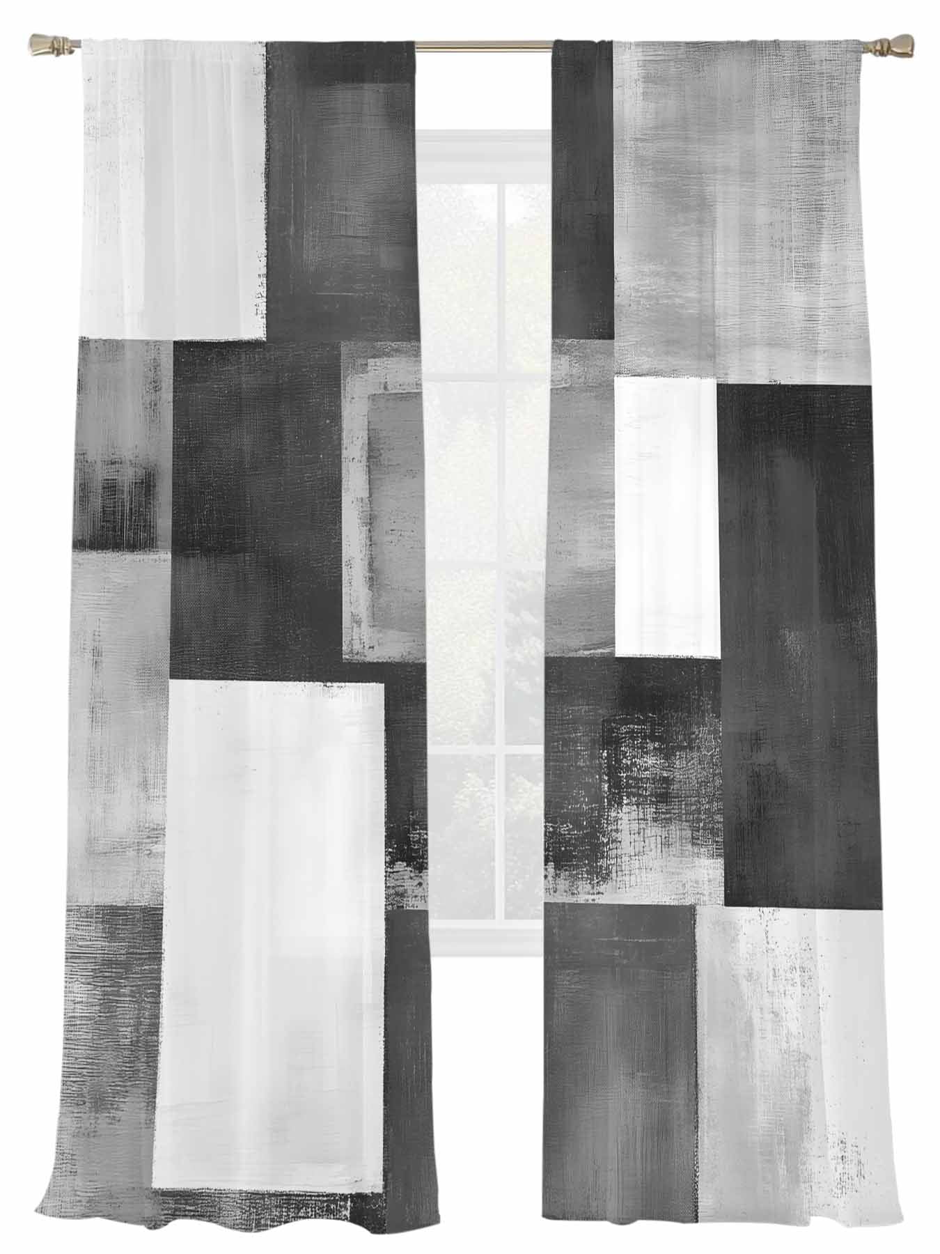 Gray Abstract Sheer Curtains 108 Inch Long 2 Panels, Modern Rustic ...