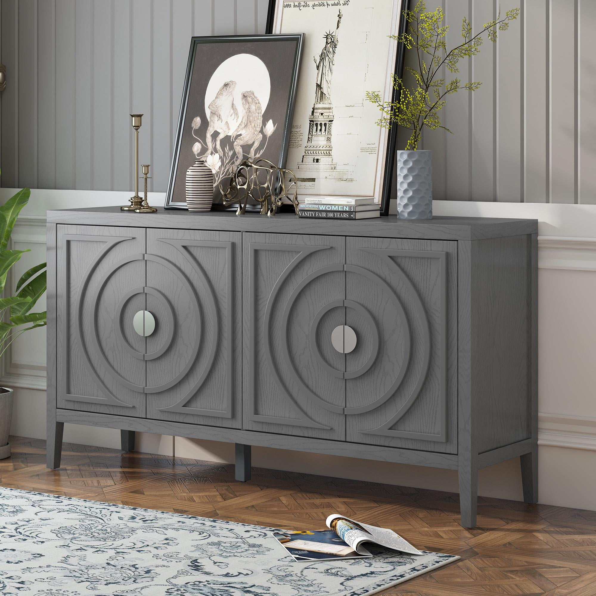 Gray Accent Cabinet with 4 Circular Groove Doors, FURNINEST Storage ...