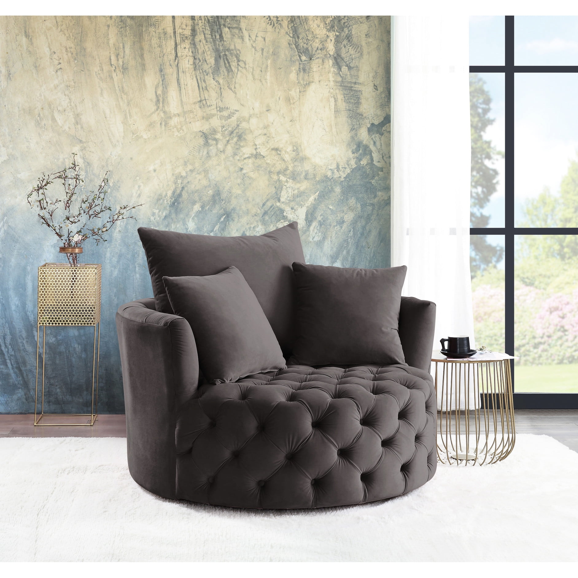 Gray Accent Chair | 360-Degree Swivel Function | Button Tufted Velvet ...