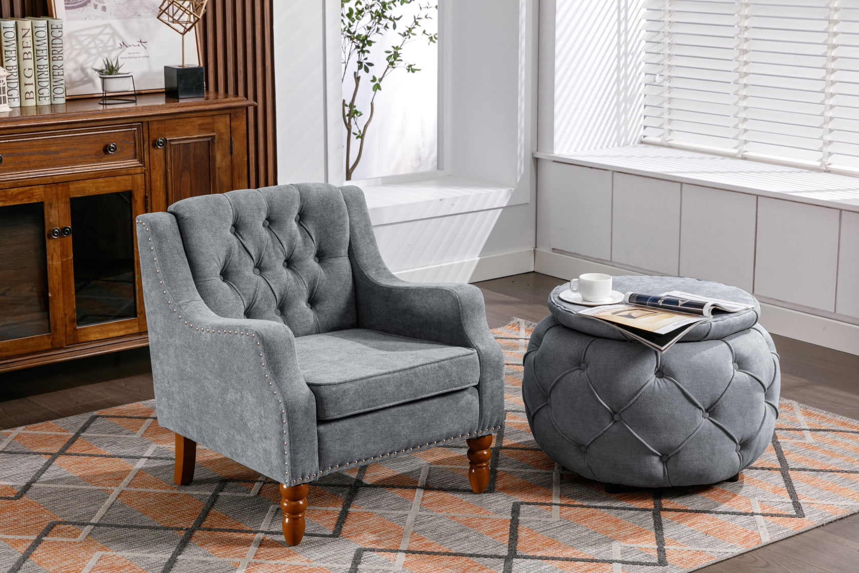 Gray Accent Chair and Gray Ottoman, Modern Linen Armchair Living Room ...