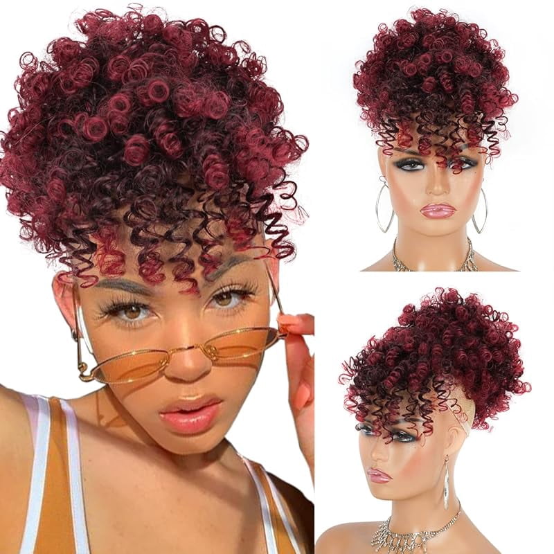 Gray Afro Puff Drawstring Ponytail with Curly Hair counts Clip in Bangs ...
