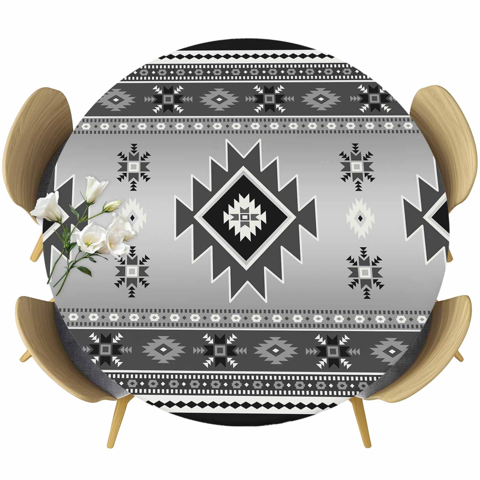 Gray Aztec Round Tablecloth 55-60 Inch Round Fitted Table Cloth with ...
