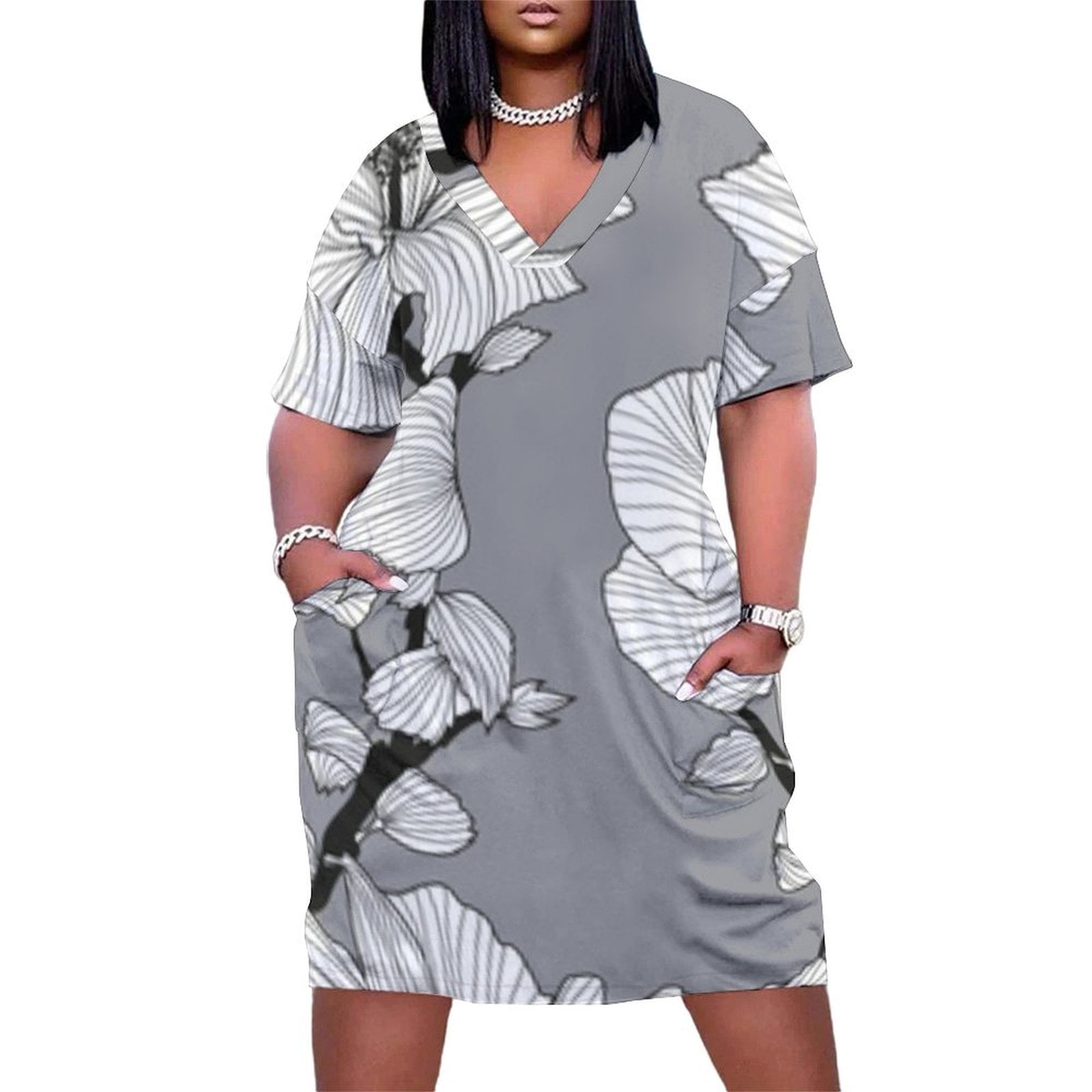 Gray Background Floral Line Art Summer Sundress for Curve Women Casual ...