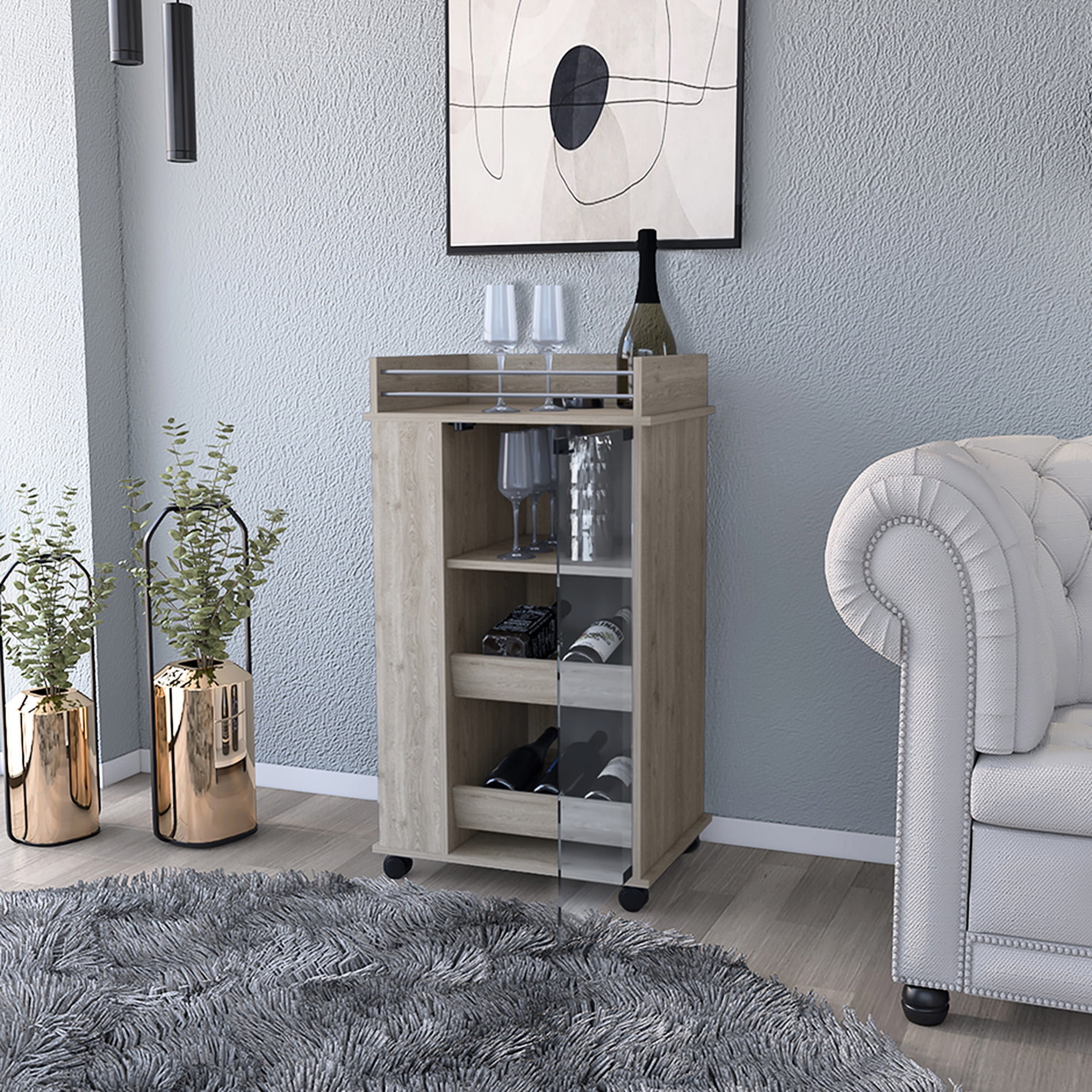 Gray Bar Cart With Side Shelf Options And Upper Space Functional Units ...