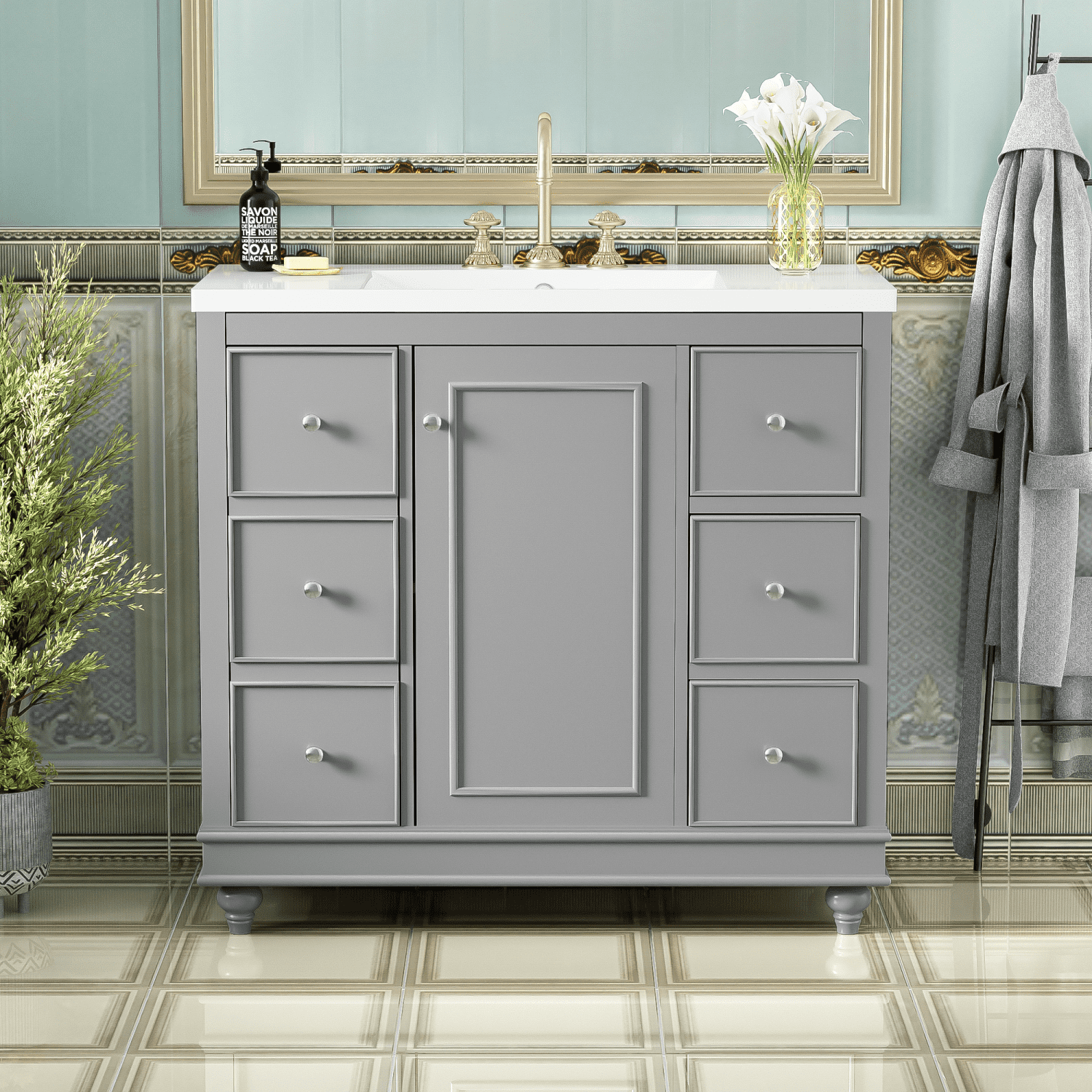 Gray Bathroom Vanity 36x18x34 - 4 Drawers Cabinet Door Resin Sink Solid ...