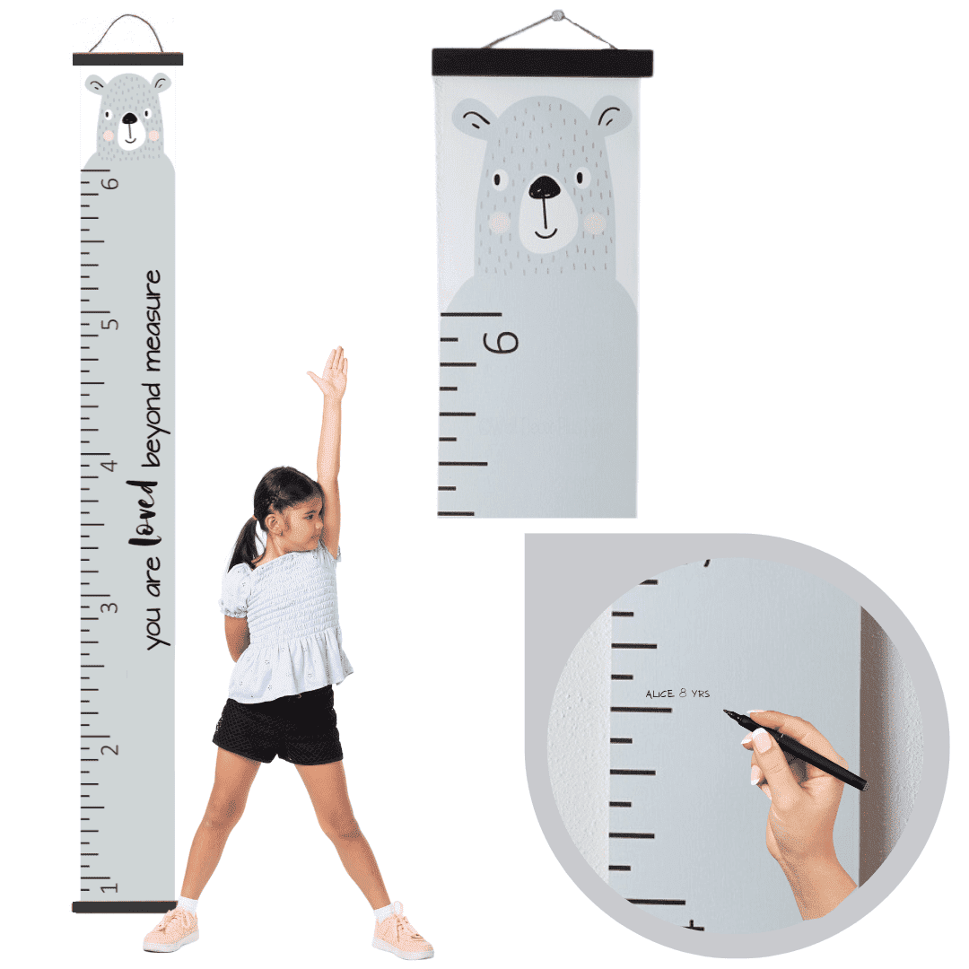 Gray Bear Canvas Growth Chart for Kids - Wall Tape Ruler with Height ...