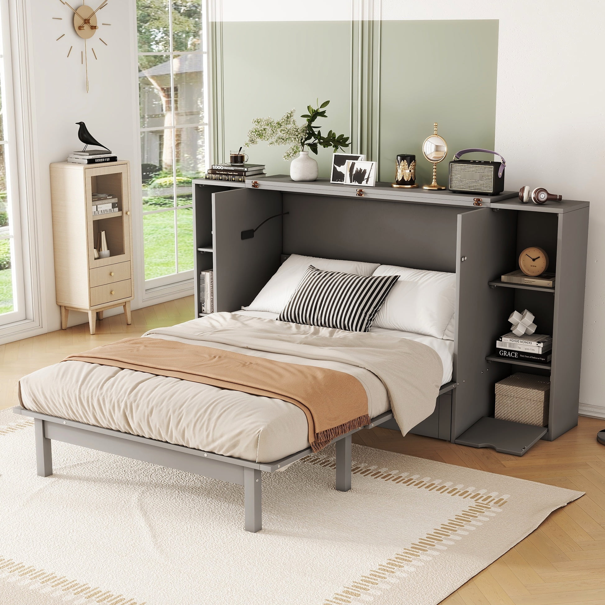 Gray Bed With Shelving, Drawer And Port. Headboard Charging For ...