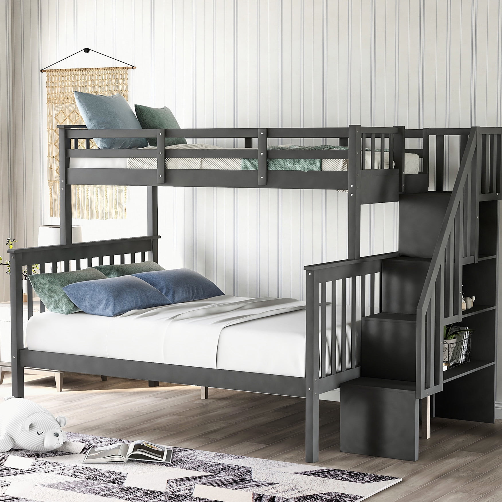 Gray Bedroom Bunk Bed With Stairway And Storage - Construction, Look ...