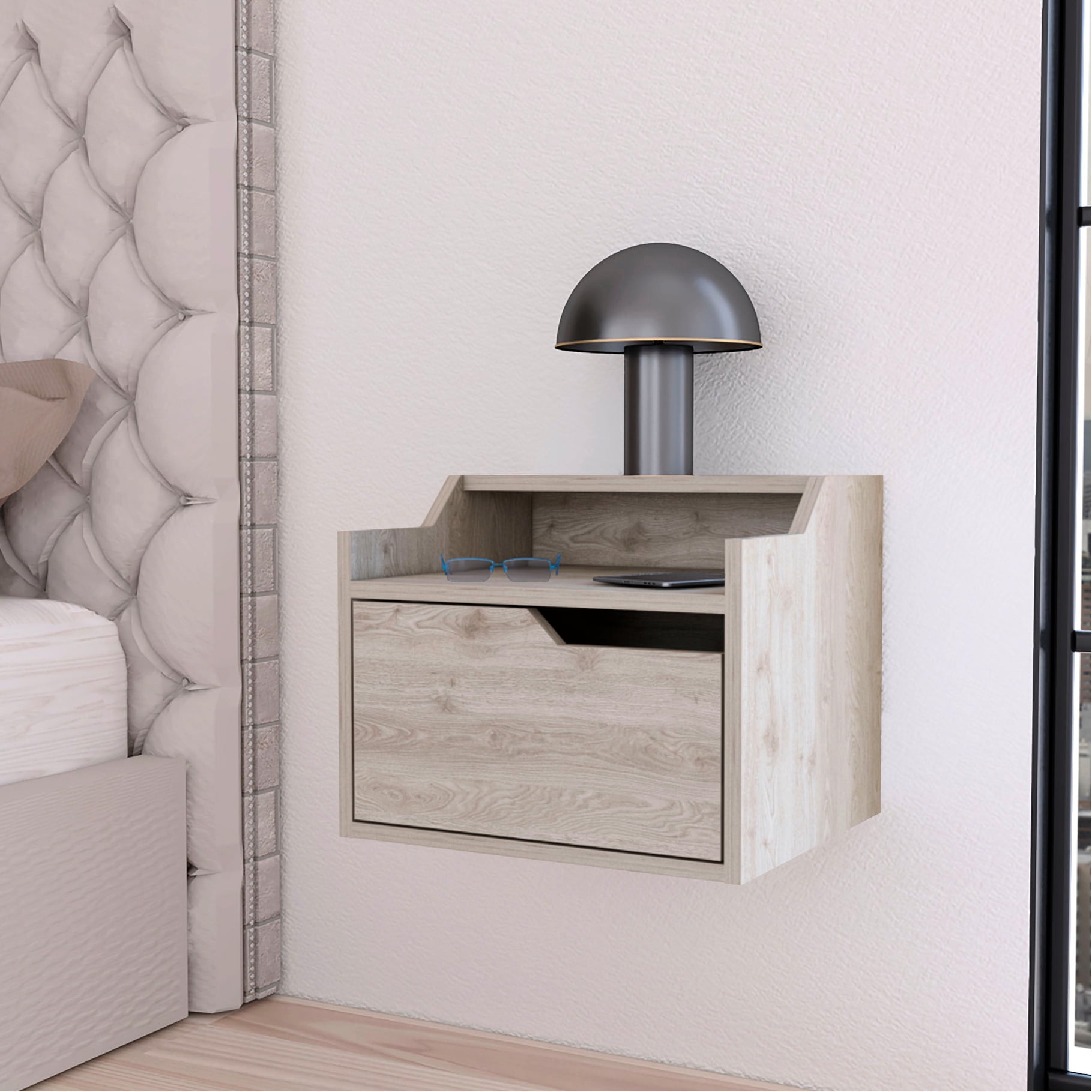 Gray Bedroom Nightstand With Dual Shelf And Convenient Assembly Process ...
