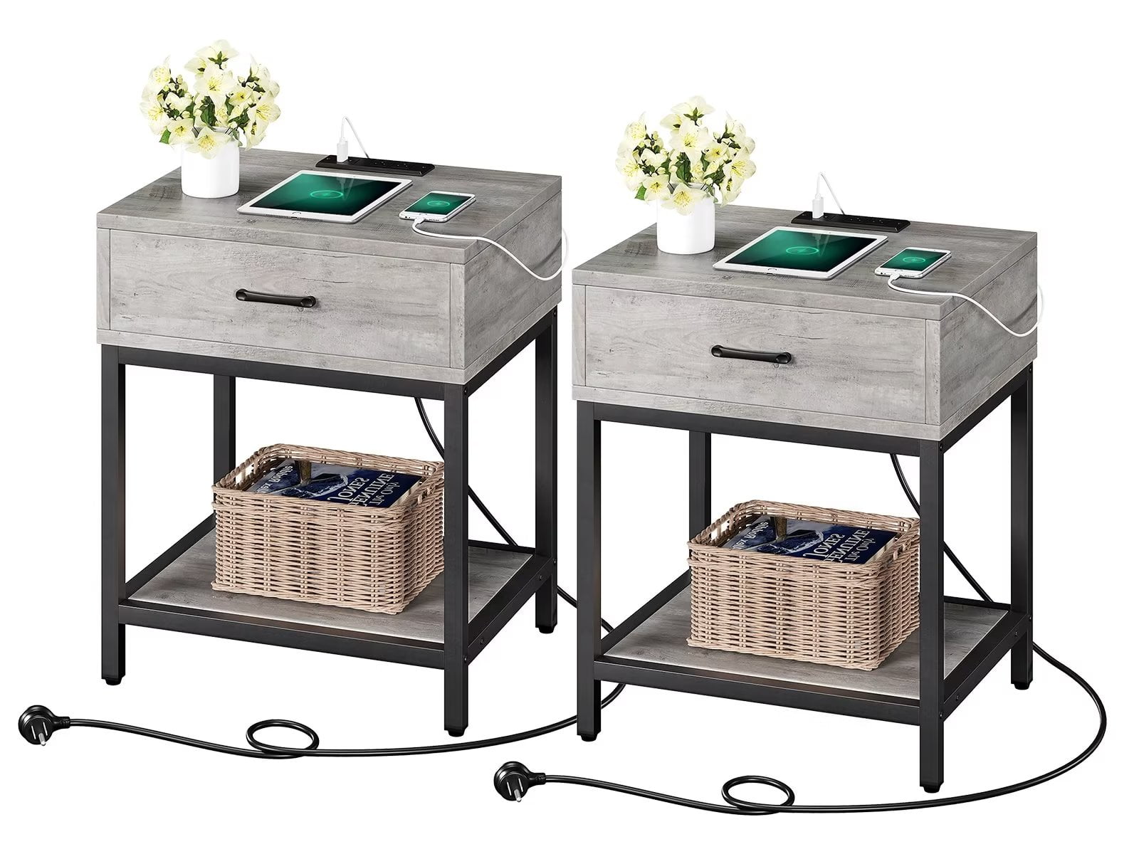 Gray Bedside Tables Set, Nightstand with Charging Station and USB Ports ...