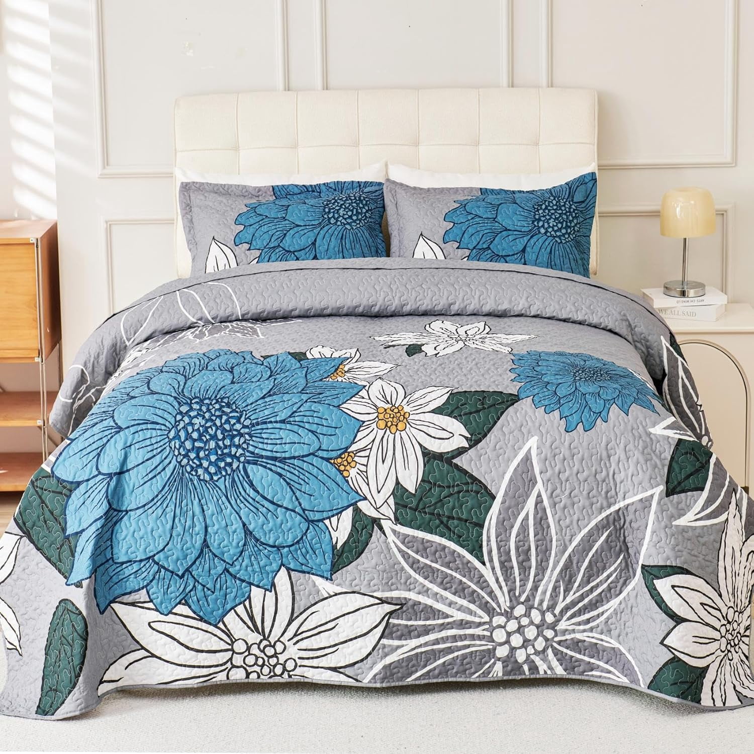Gray Bedspread Set Adorned with Large Blue Flowers and White Floral ...