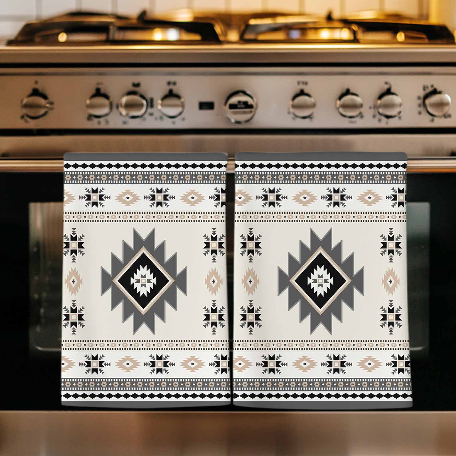 Gray Beige Boho Kitchen Towels Set of 3, Ethnic Tribe Southwestern ...